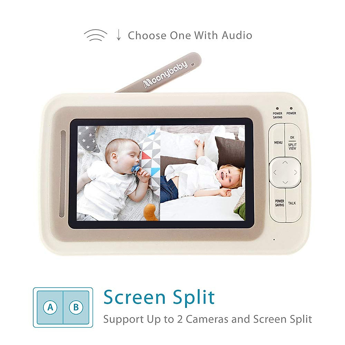 Moonybaby Split Screen Baby Monitor with 2 Cameras, Extended 12hrs Battery Life, Wide View, Large Screen, Long Range, Night Vision, Temperature Monitoring, 2 Way Talk Back, Power Saving