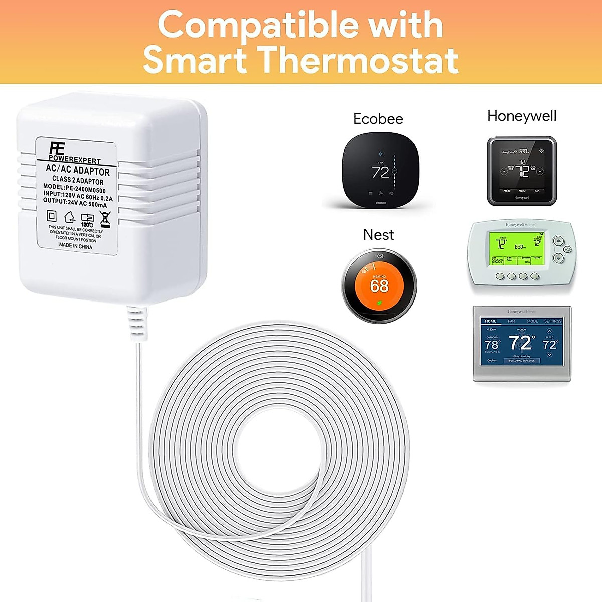 Thermostats 24 Volt Transformer C Wire Power Adapter for Nest, Ecobee, Honeywell WiFi Thermostats, Power Supply for Nest Hello, Ring Smart Doorbells Chime