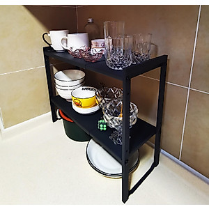 Urhomey plus 2 Tier Expandable Cabinet Shelf Organizer Bathroom Kitchen Counter Shelf 35LBS Sink Shelf Riser Countertop Storage Black