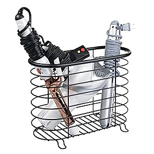mDesign Stainless Steel Hair Dryer and Flat Iron Holder Storage Organizer Bin; for Living Room, Bathroom, Guest Room; Holds Hair Dryer Brush, Curling Iron, Straightener, Omni Collection - Matte Black