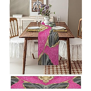 Pink Grey Marble Table Runner 36 Inches Long Farmhouse Dress Scarves, Modern Abstract Art Yellow Lines Dining Tablerunner for Coffee Table/Kitchen Island/Party Décor, Small 13" x 36"