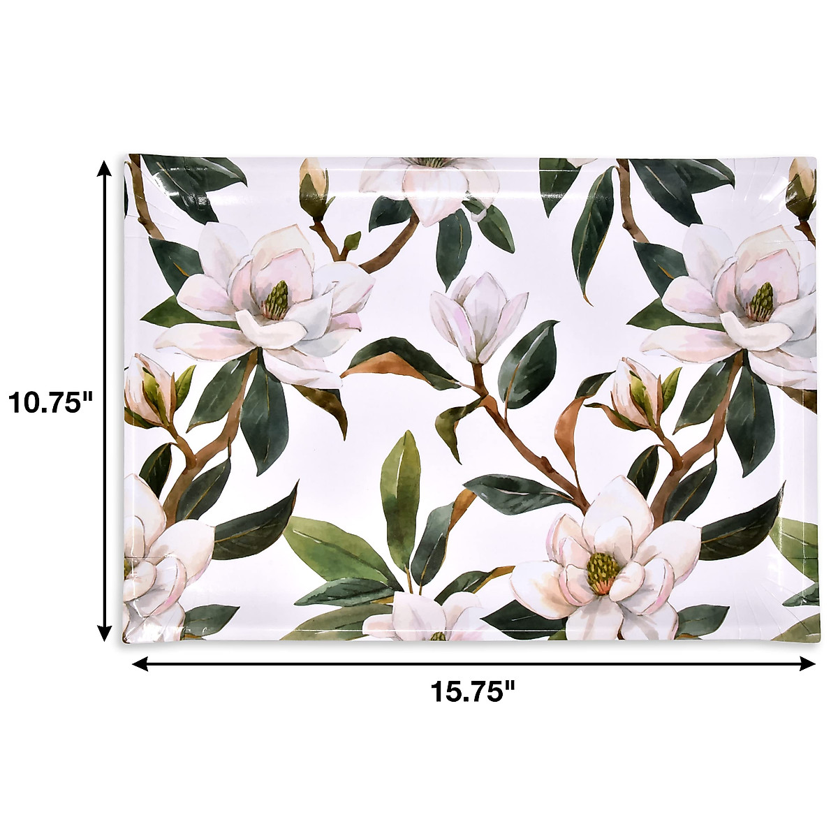 Gift Boutique 10 Disposable White Floral Serving Trays Large 10.75" X 15.75" Heavy Duty Rectangle Paper Cardboard Magnolia Tray for Dessert Platter Cupcake Display Birthday Party Tableware Supplies
