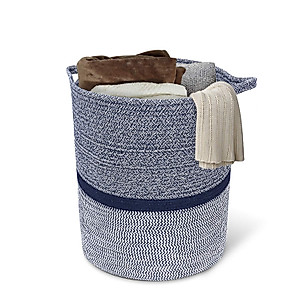 INDRESSME Large Cotton Rope Storage Basket Baby Laundry Basket Woven Baskets Blanket Basket with Handle for Diaper Toy Off White Home Decor 14.2'' x 13.4'' x 16.2'', Navy