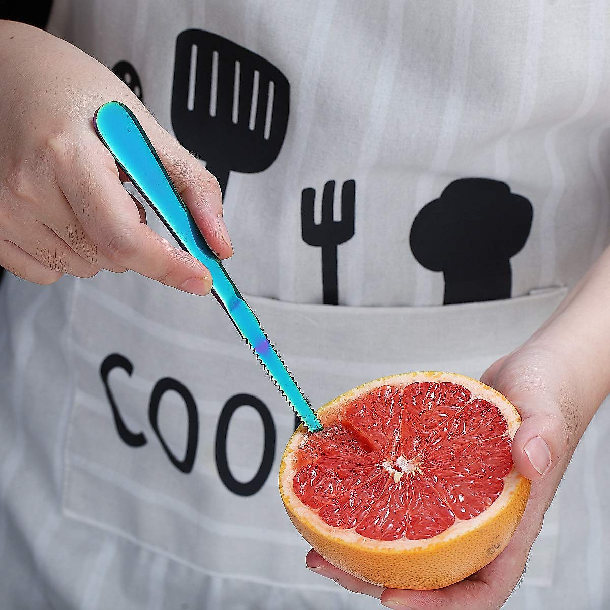 Rainbow Grapefruit Spoons 5 Pieces Set, 4 Stainless Steel Grapefruit Spoon And 1 Grapefruit knife With Titanium Plating, Grapefruit Utensil Set, Serrated Edges Spoon pack of 5 (Rainbow)