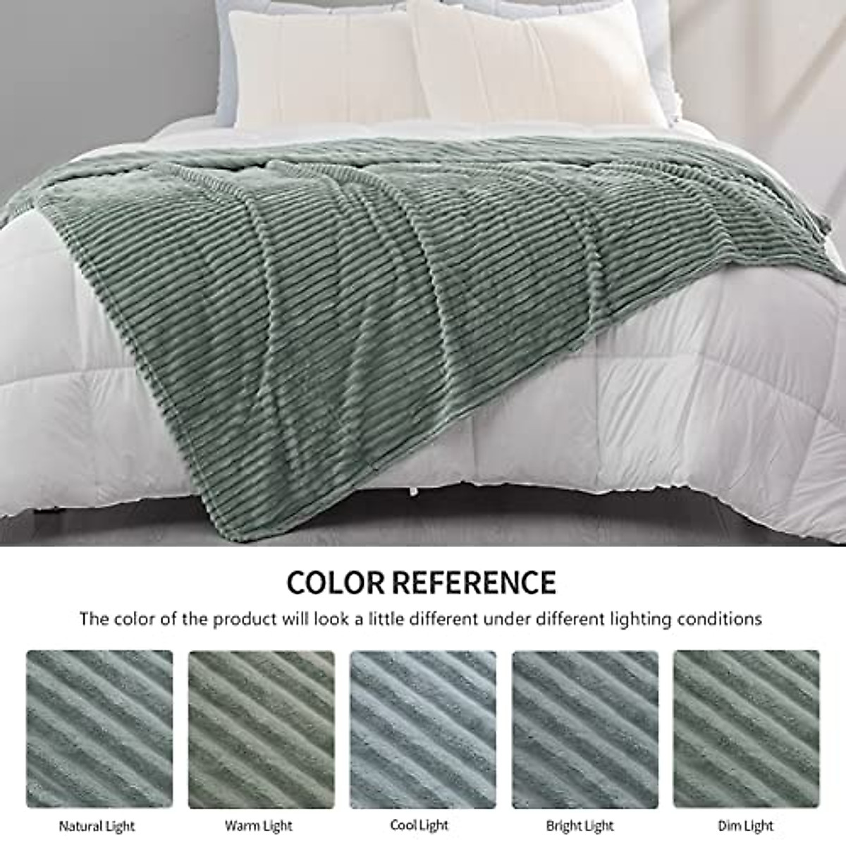 RECYCO Fleece Throw Blanket for Couch, Super Soft Cozy Fuzzy Decorative Blankets and Throws with Striped Pattern for Sofa, Lightweight Ribbed Plush Sage Green Throw Blanket for Bed 50"x60"