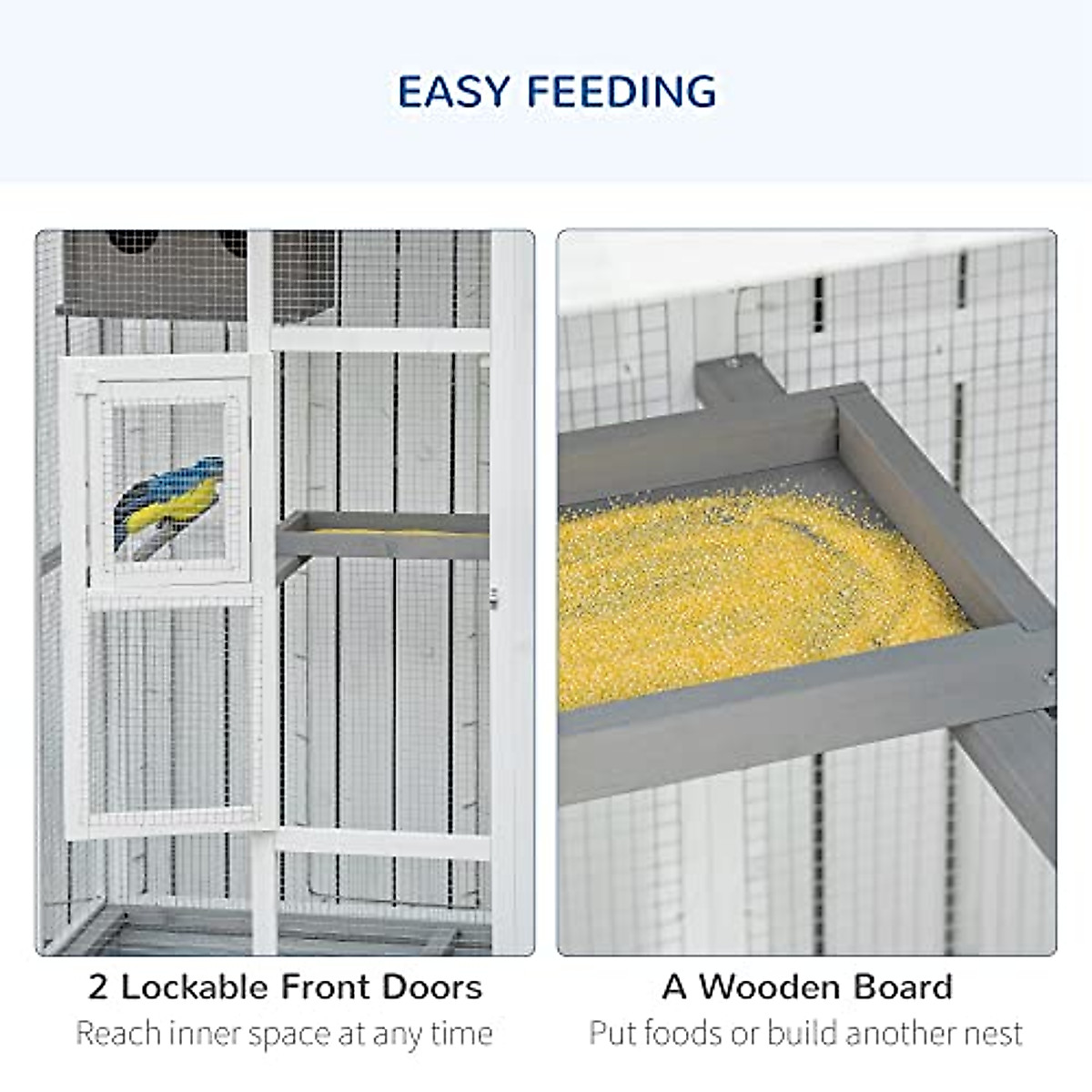 PawHut 64.5" Wooden Bird Cage Aviary, Flight Cage with 4 Perches, Nest and Slide-Out Tray for Indoor/Outdoor, Gray