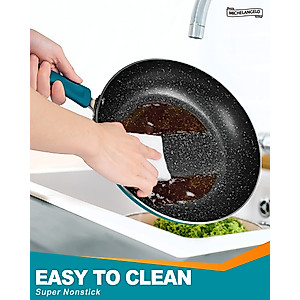 MICHELANGELO Nonstick Frying Pan with Lid, 10 Inch Frying Pan Nonstick, Enameled Non Stick Frying Pan with Silicone Handle, Nonstick Skillet with Granite Interior, Cyan