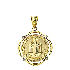 Fine 10k Gold Medalla De San Benito Saint St Benedict Diamond Round Frame Pendant