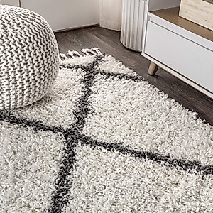 JONATHAN Y MCR104B-28 Mercer Shag Plush Tassel Moroccan Geometric Trellis Indoor Area-Rug Bohemian Easy-Cleaning High Traffic Bedroom Kitchen Living Room, 2 ft x 8 ft, Cream/Grey