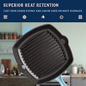 Country Living Enameled Cast Iron Square Griddle Grill Pan with Ridges, Helper Handle and Pouring Spouts for Easy Draining, Indoor Grilling Skillet, 11-Inch, Blue