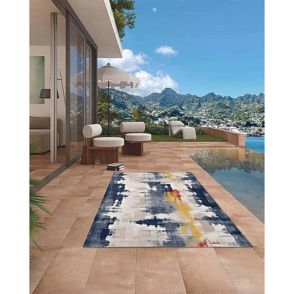 Minimalist Abstract Outdoor Rugs for 4'x6' Patios Clearance, RV Camping Mat Rug Portable Outside Rug Indoor Outdoor Area Rug Mat for Beach Deck Pool Navy Blue Modern Painting Art