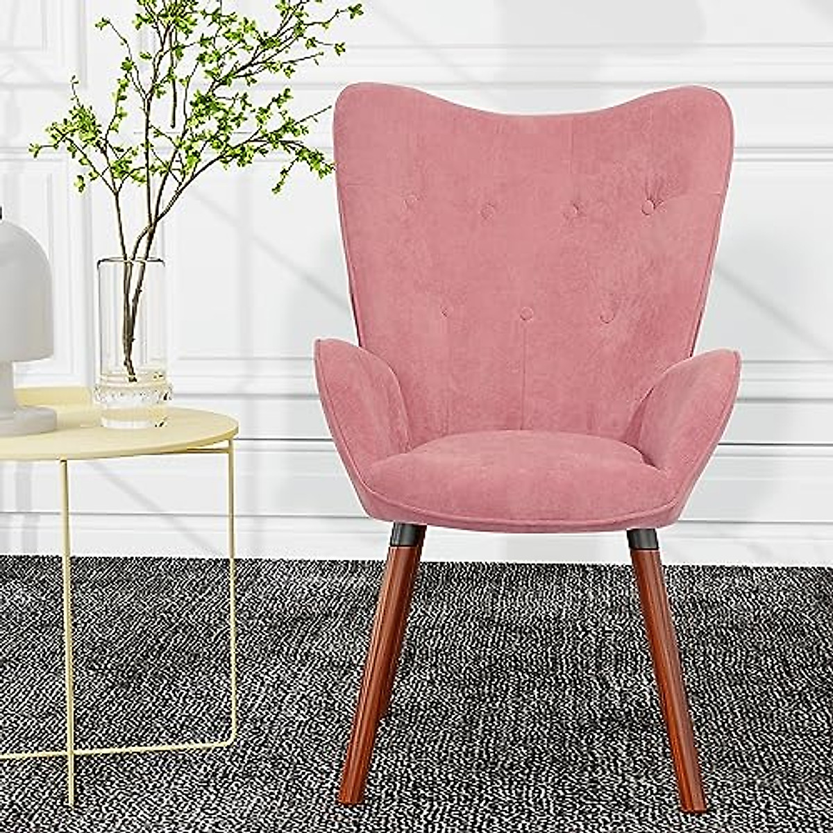 Fangflower Rose Velvet Accent Chair, Modern Button-Tufted Wingback Vanity Seat with Arms, Upholstered High-Back, Sturdy Wooden Legs for Bedroom, Lounge, Living Room