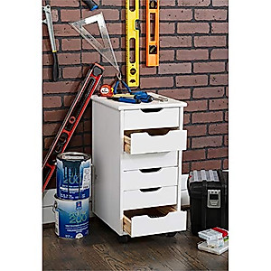 Linon Callie Multipurpose Six Drawer Wide Wood Rolling Storage Cart with Casters in White Wash