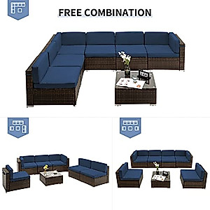 UDPATIO Outdoor Patio Furniture Sets 7 Pieces Outdoor Sectional Couch, PE Rattan Sofa Wicker Patio Conversation Sets with Cover for Yard Deck Balcony Poolside w/Coffee Table Thickened Cushions, Navy
