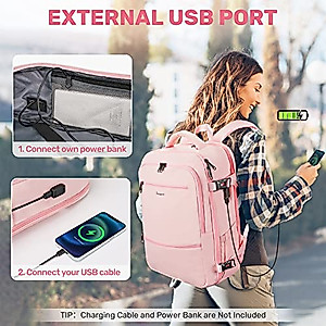 Carry On Backpack for Women, Cute Pink College backpack with USB Charging Port for 15.6inch Laptop, Flight Approved 35l Travel Backpack Casual Bag Luggage Gifts for Graduates Gym Weekend Hiking,Pink