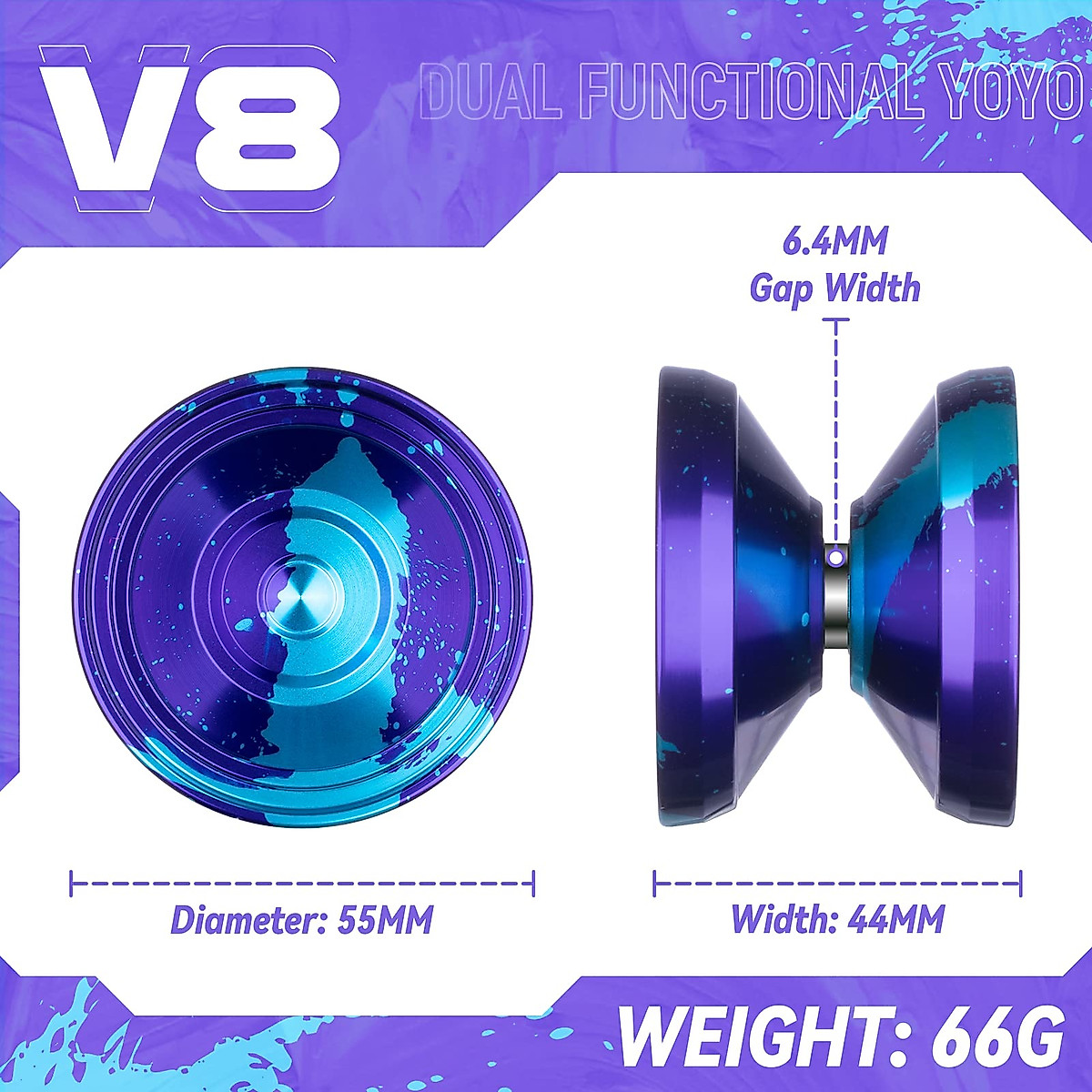 Yoyo Professional Responsive Yoyo V8 - Dual Purpose Yoyo for Kids Beginners, Pro Metal Yo Yo for Adults with Unresponsive Yoyo Bearing + 12 Yoyo Strings, Yo-yo Case Bag, Removal Tool (Purple Blue)