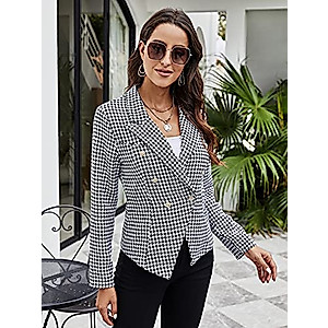 SheIn Women's Houndstooth Long Sleeve Lapel Collar Double Breasted Blazer Jacket Black and White Large