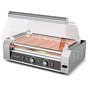 Leconchef Hot Dog Roller Machine Commercial Electric 7 Roller Grill Hot Dog Warmer Cooker Machine Stainless Steel with Dual Temp Control, Detachable Glass Cover & LED