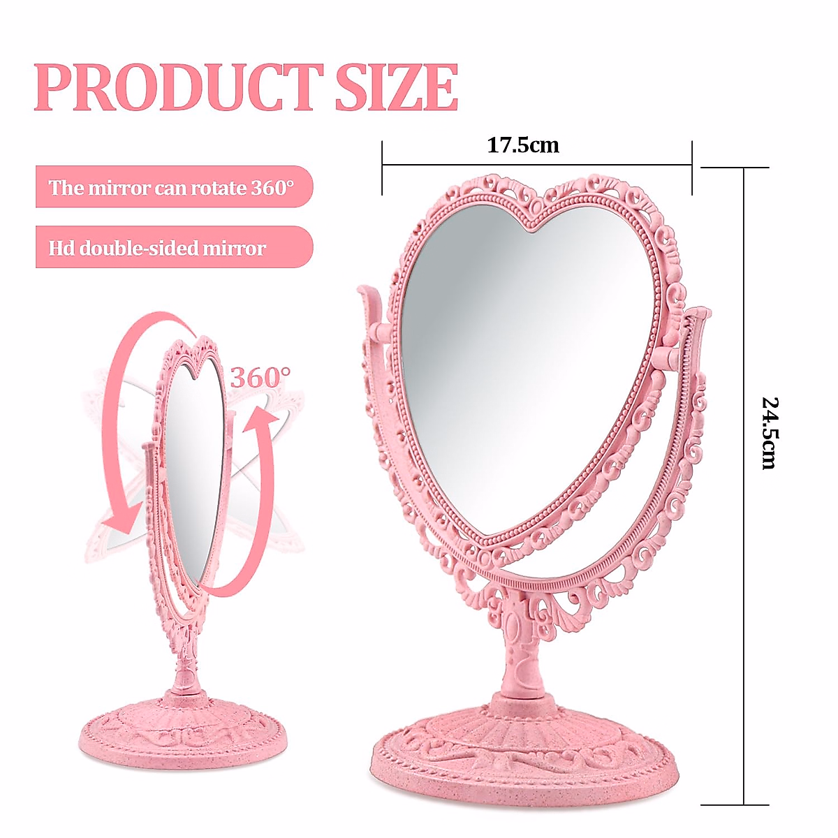 QEEYON Pink Heart Vanity Mirror - 360 Degree Swivel Makeup Double Sided Table Desk Countertop Stand for Dresser Bathroom Bedroom - Aesthetic Cosmetic Mirror for Women Girls