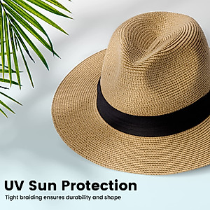 Simplicity Beach Hats for Women Fedora Hats Women Sun Hat Men Straw Hat with Chin Strap Cute Panama Sun Hat,Light Brown/Black Thread Belt