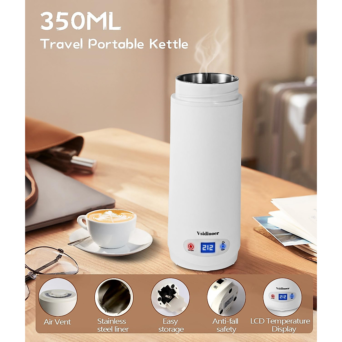 Portable Tea Kettle Electric Travel, 350ML mini tea kettle Water Heater with 4 Temperature Settings, Auto Shut-Off and Boil Dry Protection