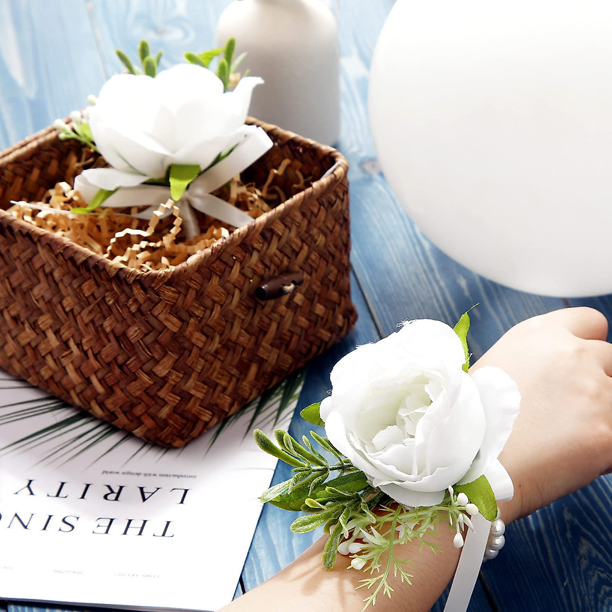 Jexine 12 Pcs Rose Wrist Corsage Wristlet Band Bracelet and Men Boutonniere Set White Flower Corsage Wrist Flowers and Boutonniere Buttonholes for Wedding Flowers Accessories Decor