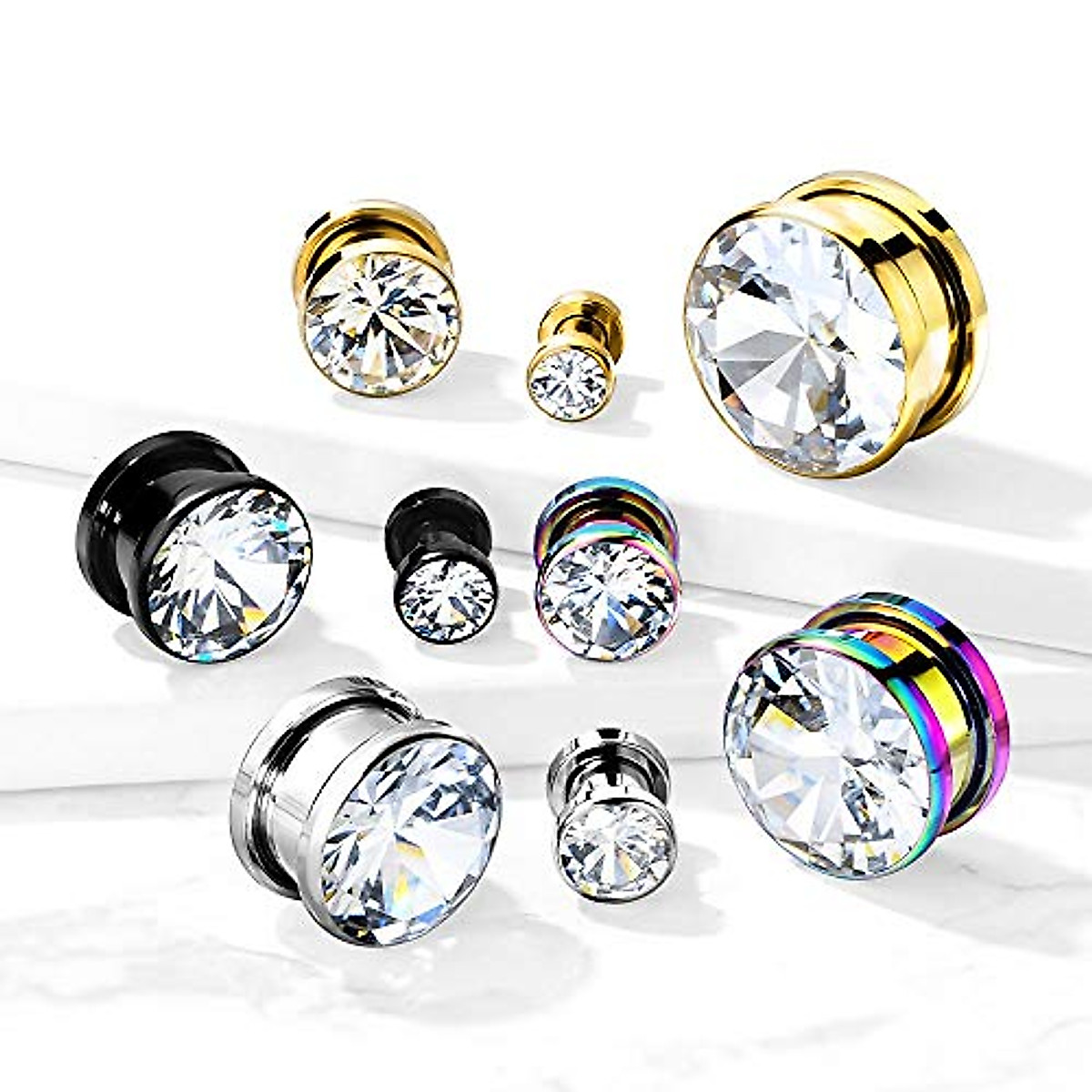 Pierced Owl Stainless Steel Bezel Set Clear Gem Screw Fit Plug Gauges, Sold As Pair (Silver Tone, 16mm (5/8"))