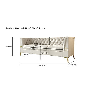 Elegant Tufted Velvet Sofa Couch - Modern Chesterfield 3-Seater Sofa with Removable Cushions, Luxurious Upholstered Button-Tufted Living Room Sofa for Living Room, Office, Apartment (Beige)