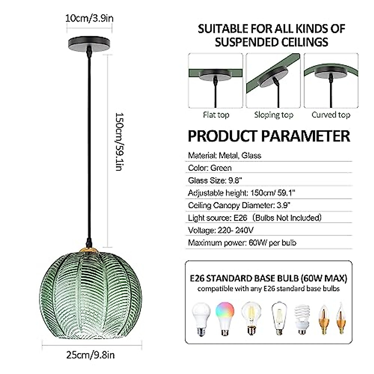 HDXZTQ Modern Pendant Light Kitchen Island 9.8in Glass Pendant Light Kitchen Pendant Lights Single Pendant Lights Pumpkin Design Small Pendant Light Adjustable， Green Pendant Light Fixture