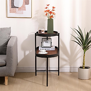 Modern 2-Tier Side Table Black Metal Frame with Wood & PU Tray End Tables Sofa Table for Living Room, Bedroom, Sofa Couch, Hall