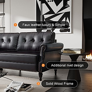 DIFY 80” Leather Faux Loveseat Sofa, Mid-Century Modern Couch with Soft Cushion and Firm Structure, Perfect Furniture for Living Room, Bedroom, Small Space.(Black)