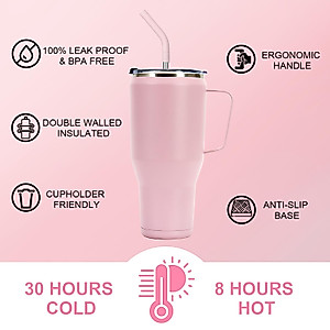 Perched helper 40 oz Tumbler with Handle and Straw, 2-in-1 Lid (Straw/Flip) - Stainless Steel Travel Mug Insulated Vacuum Sealed Cup for Hot and Cold Beverages (Pink)