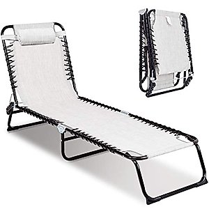 GYMAX Folding Beach Chaise Lounge, 3-Level Adjustable Lounge Chair with Detachable Pillow, Portable Recliner for Backyard, Patio, Poolside, Beach (Grey)