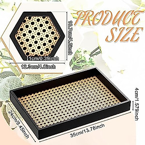 Rectangle Rattan Hometray Serving Tray with 4 Pcs Hexagon Rattan Black Coasters Ottoman Food Tray Rattan Decorate Basket Tray with Wooden Frame for Coffee Breakfast Drink Jewelry Accessory Square Tray