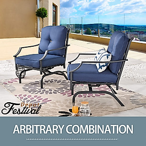Festival Depot Patio Dining Chair Set of 2 Metal Armchairs with Thick Cushions Outdoor Furniture for Bistro Garden (Blue)
