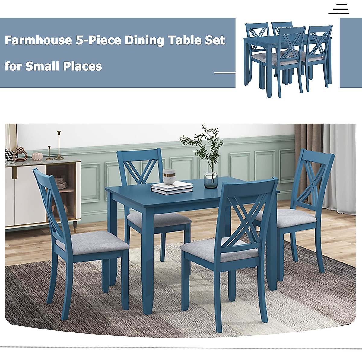 WOZNLA 5-Piece Rustic Round Dining Set-Minimalist Wood Kitchen Table with 4 Comfortable X-Back Padded Chairs-Ideal for Cozy Gatherings, Blue