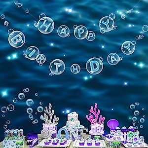 Cheerland Transparent Blue Under the Sea Happy Birthday Banner for Kids Ocean Bday Party Decoration Fish Bubble Garland Hanging Under Sea Birthday Decor for Little Mermaid Birthday Decoration Streamer