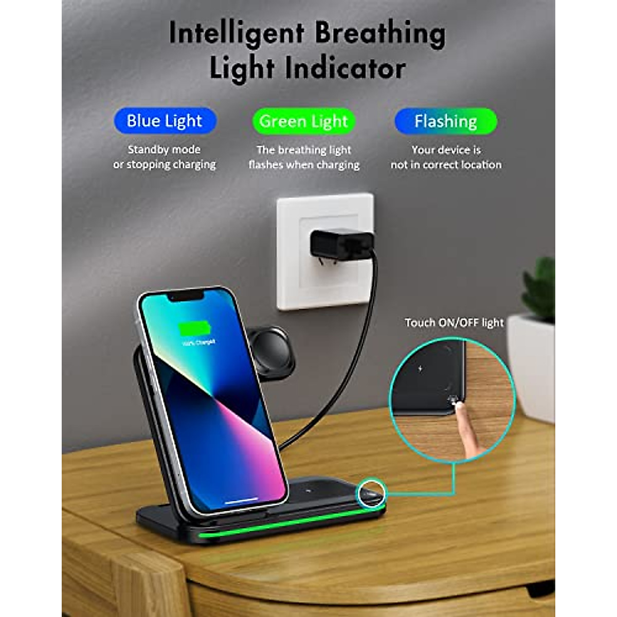 Charger Station for Apple Multiple Devices, 3 in 1 Fast Wireless Charger Stand Dock Foldable for iPhone 14 13 12 11 Pro X XS 8 Plus Apple Watch Series 8 7 6 SE 5 4 3 2 & AirPods 3/2/Pro with Adapter
