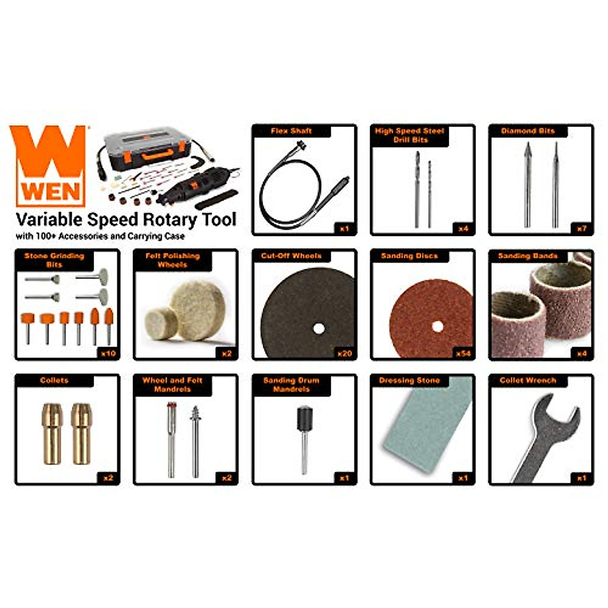 WEN 23103 1-Amp Variable Speed Rotary Tool with 100+ Accessories, Carrying Case and Flex Shaft