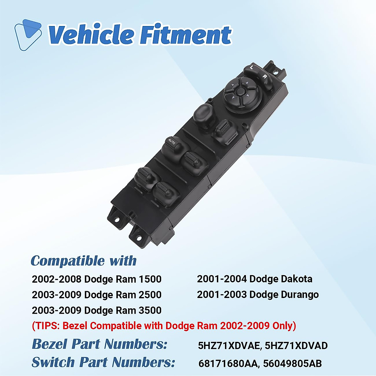 AiYiGu Power Door Window Switch+Bezel Master Control Compatible with 2002-2009 Dodge Ram, 2001-2004 Dodge Dakota, 01-03 Dodge Durango, 05-09 Dodge Sprinter, Replaces 56049805AB 68171680AA 641-00653