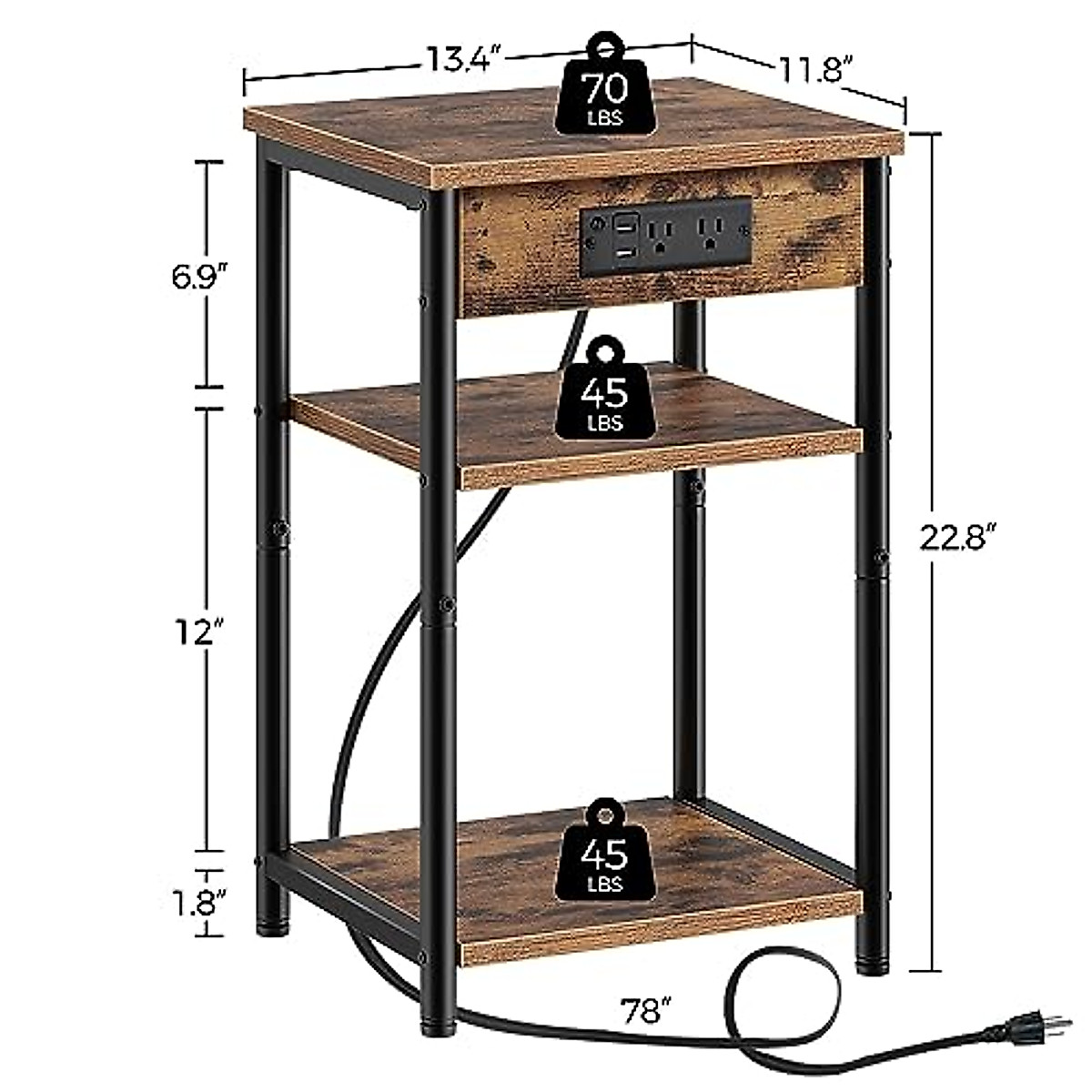 Rolanstar End Table with Charging Station, 3 Tier Slim Nightstand with Storage Shelf, Narrow Side Table with USB Ports & Power Outlets, Steel Frame for Living Room, Bedroom, Rustic Brown