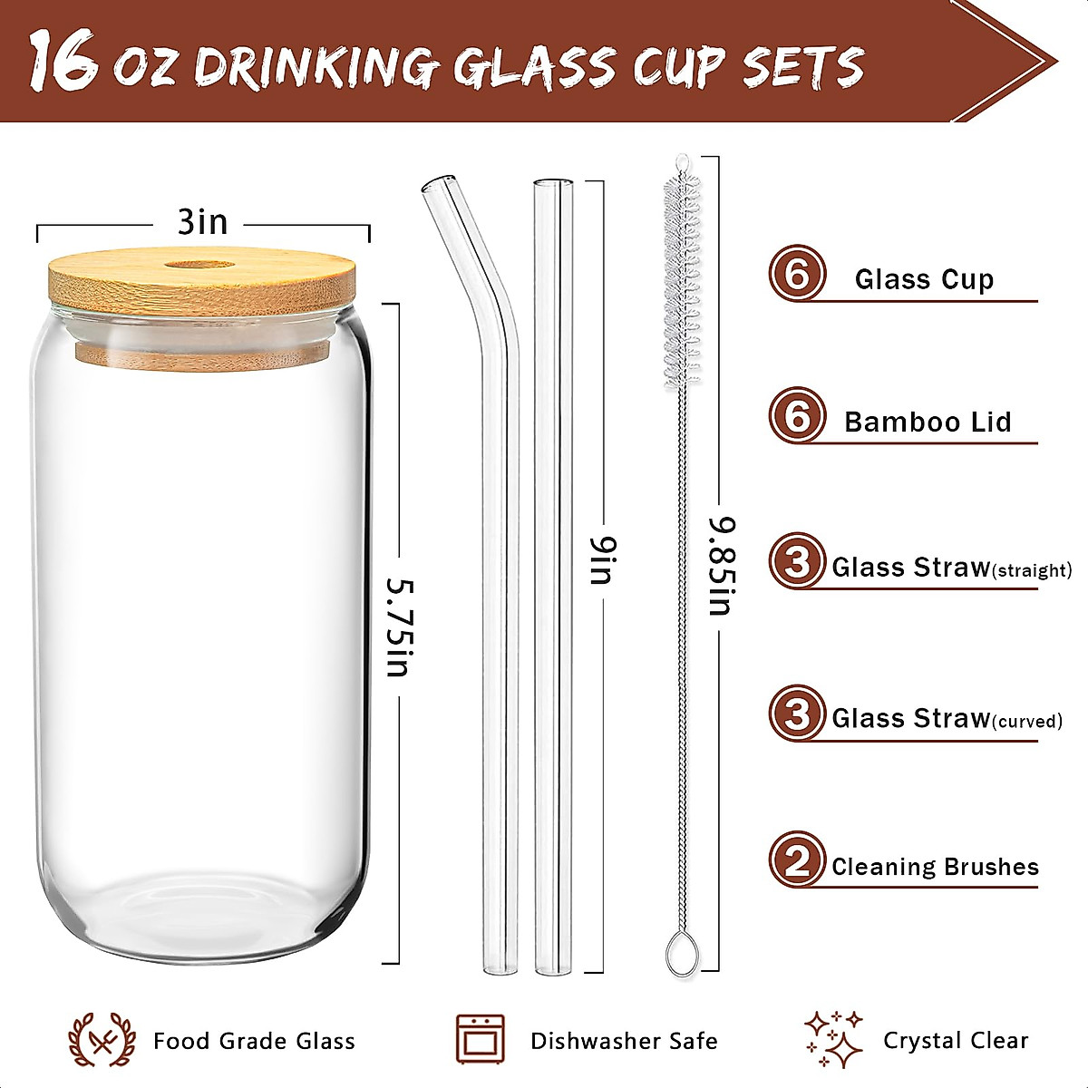 6 Pcs Drinking Glasses with Bamboo Lids and Glass Straw - 16 Oz Can Shaped Glass Cups Beer Glasses Ice Coffee Glasses Cute Tumbler Cup Great for Soda Boba Tea Cocktail Include 2 Cleaning Brushes