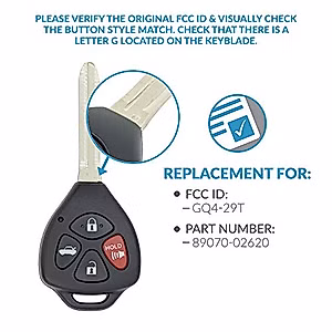 Keyless2Go Replacement for New Keyless Entry Remote Car Key for Select Vehicles GQ4-29T with G Chip