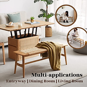 Hymus 32" L 100% FAS Oak Wooden Bench Indoor - Solid Wood Rope Woven Entryway Bench, Dining Bench, Boho Furniture for Entryway, Dining Room, Bedroom, Kitchen (Natural)