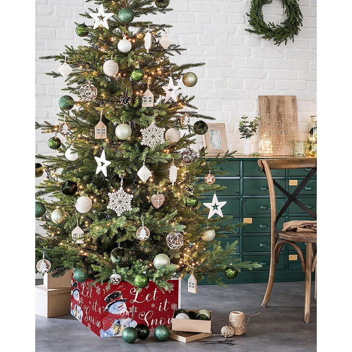 Snowman Bird Christmas Tree Collar Tree Box Stand Cover,Artificial/Pencil/Silm/Skinny Tree Ring 6 Packs Collapsible Tree Skirt for Christmas Xmas Tree Decorations,Retro Christmas Red Snowflake 17"x10"