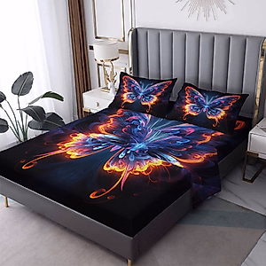 Butterfly Sheets King Size, Butterflies Flames Bed Sheets, Patterned Bedding Sheets & Pillowcases 4 Piece Set - Soft Microfiber Deep Pocket Fitted Sheet & Flat Sheet & 2 Pillow Cases K1-&-42