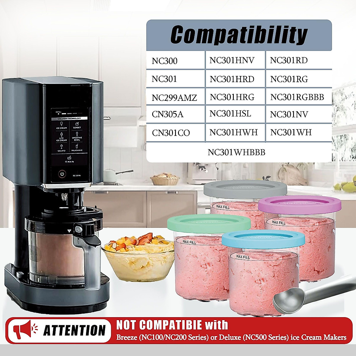 Creami Pints and Lids for Ninja - 4 Pack, 16 oz Cups Compatible with NC299AMZ & NC300s Series Ice Cream Maker Machine, Smoothie Pot Creamy Containers Cups Jars Tubs Canisters Set, Creamer Accessories