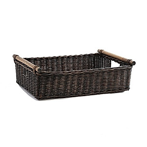 The Basket Lady Low Pole Handle Wicker Storage Basket, Extra Large, 21.5 in L x 14.5 in W x 6.5 in H, Antique Walnut Brown