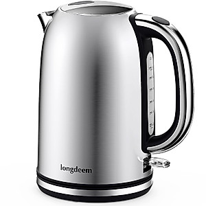 Longdeem Fast-Boil Electric Tea Kettle, 1.7L Stainless-Steel Water Heater, 1500W, Cordless Design with LED, Auto-Shutoff & Anti-Dry Protection, Silver