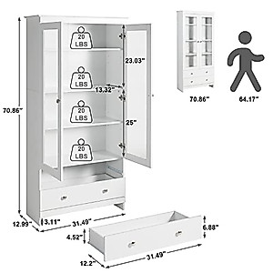 YIGOBUY White Bookcase with Glass Doors Tall Display Cabinet Wooden Bookshelf Organizer for Home Bedroom, Living Room, Office, Library with Doors, White Freestanding Kitchen Pantry